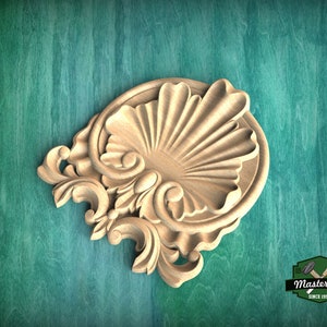 Scallop Shell Wooden Applique With Ornamental Scrolls, Wood Carved ...
