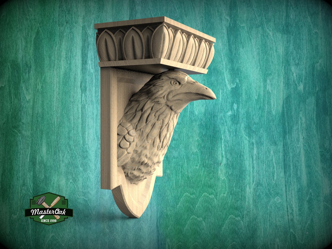 Raven Head Wooden Corbel - Exquisite Hand-carved Shelf Bracket, Symbol ...