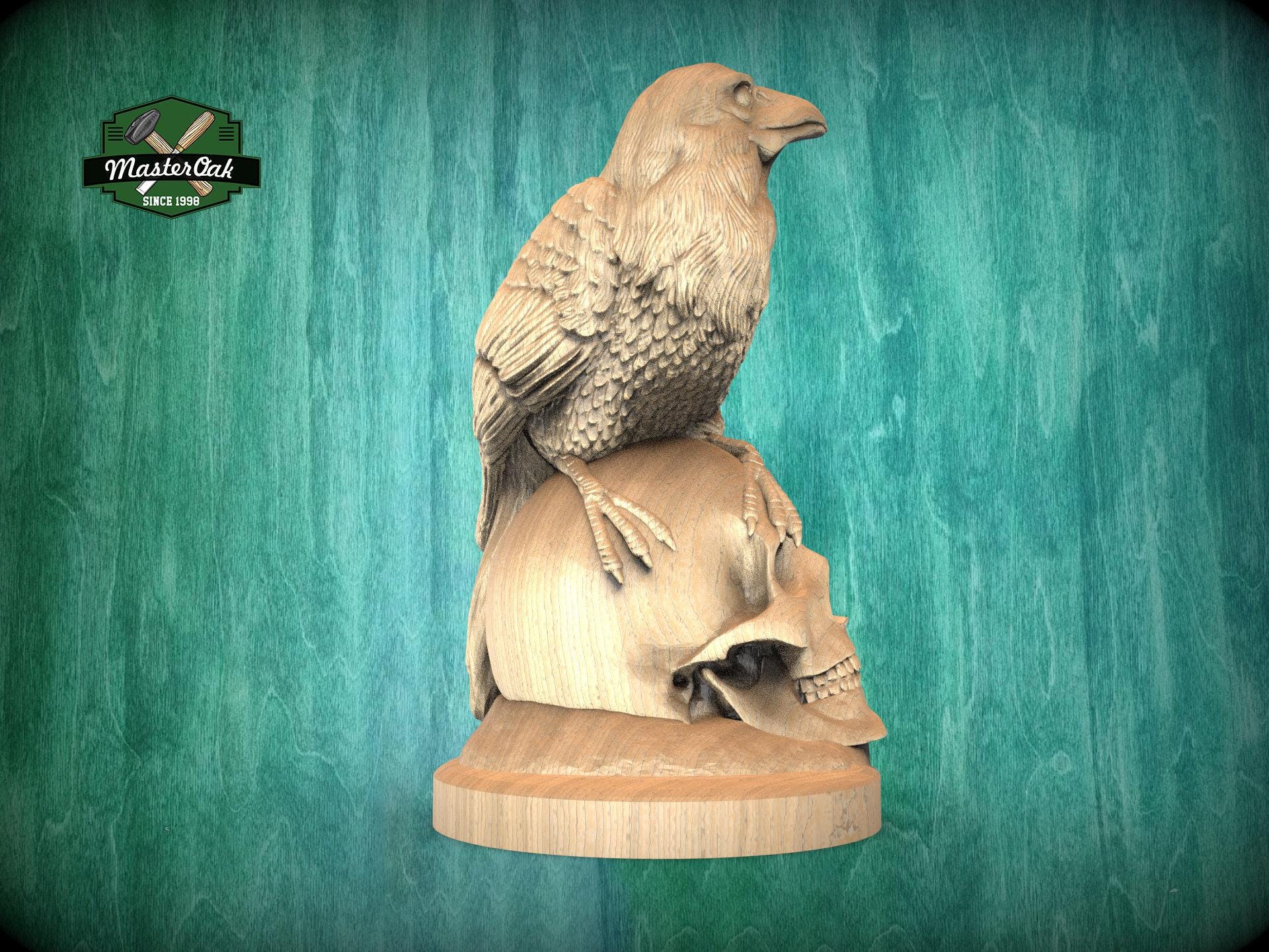 Handcrafted Wooden Raven & Skull Statue - Intricate Gothic Home Decor ...