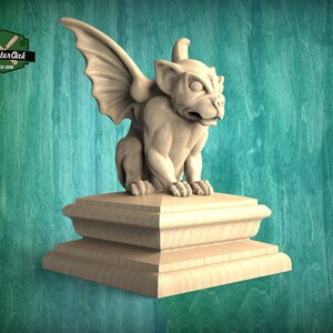 Handcrafted Wooden Gargoyle Sculpture on Tiered Base - Artisanal Gothic ...