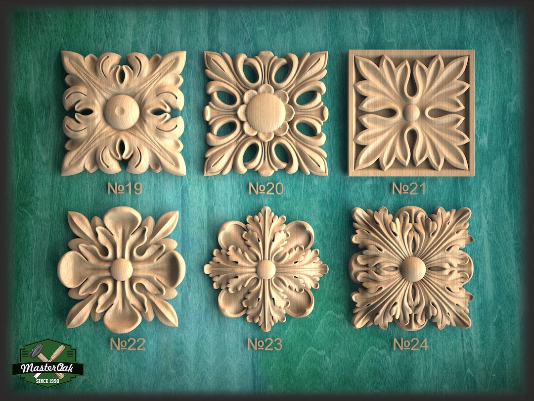 Square Carved Rosette of Wood, 1 Piece, Home Wall Embellishments ...