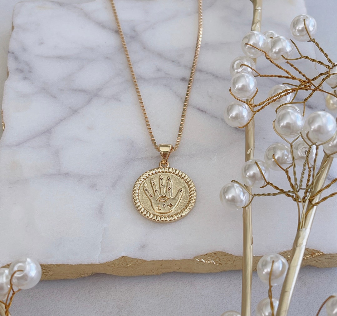 Hamsa Hand Coin Necklace, Evil Eye Necklace, Protection Necklace, Gold ...