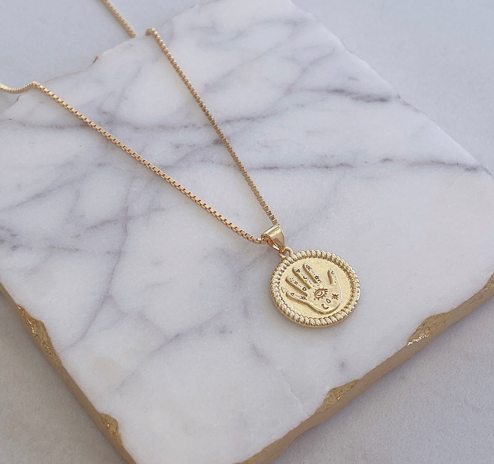 Hamsa Hand Coin Necklace, Evil Eye Necklace, Protection Necklace, Gold ...