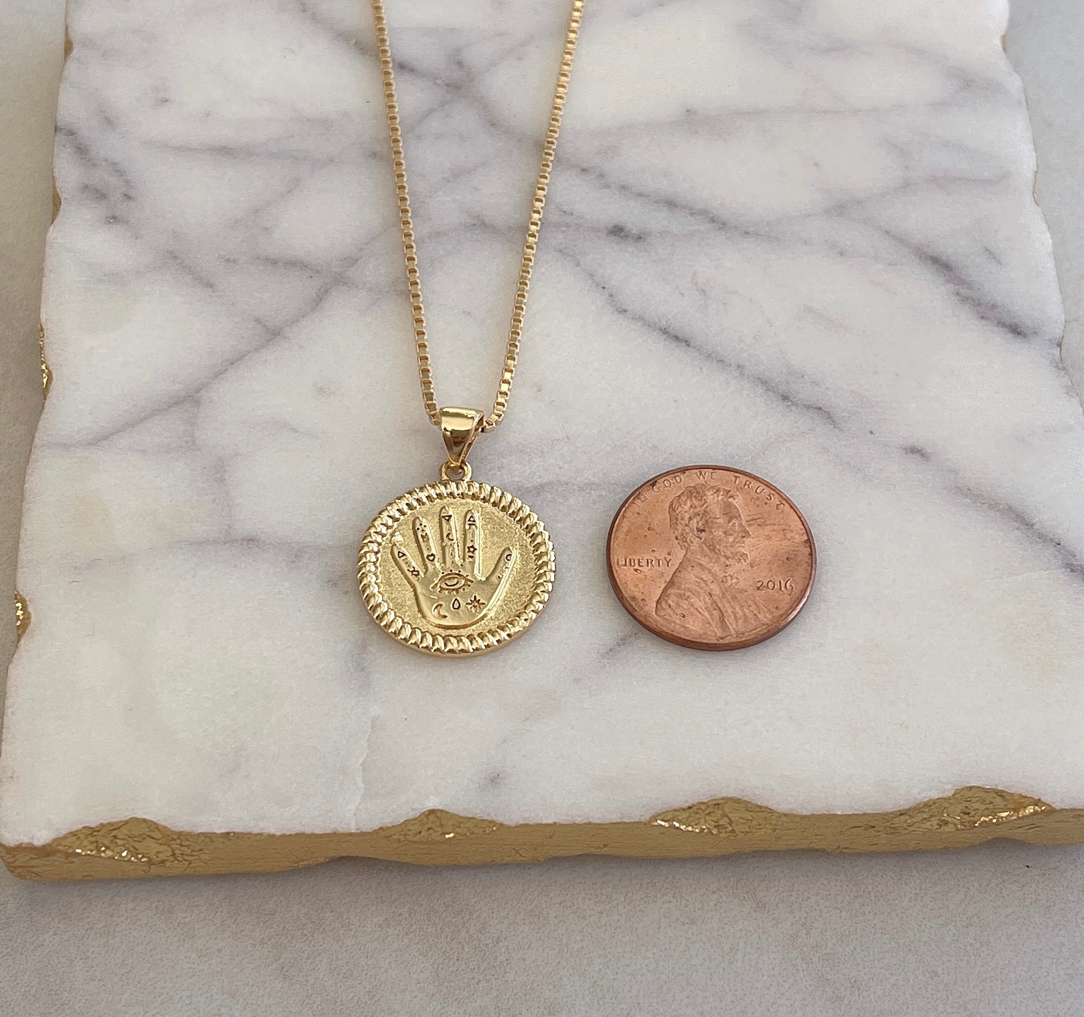 Hamsa Hand Coin Necklace, Evil Eye Necklace, Protection Necklace, Gold ...