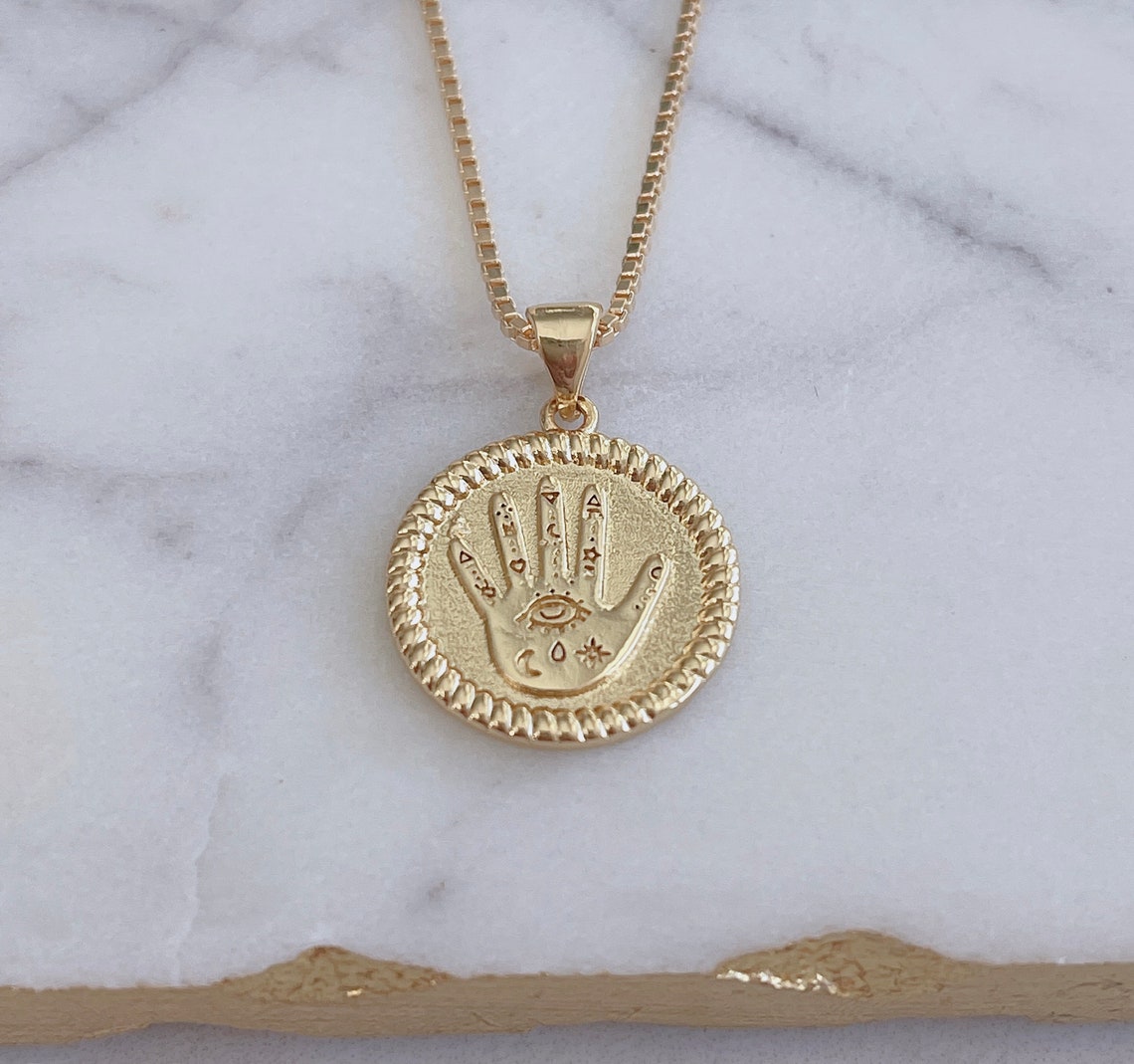 Hamsa Hand Coin Necklace, Evil Eye Necklace, Protection Necklace, Gold ...