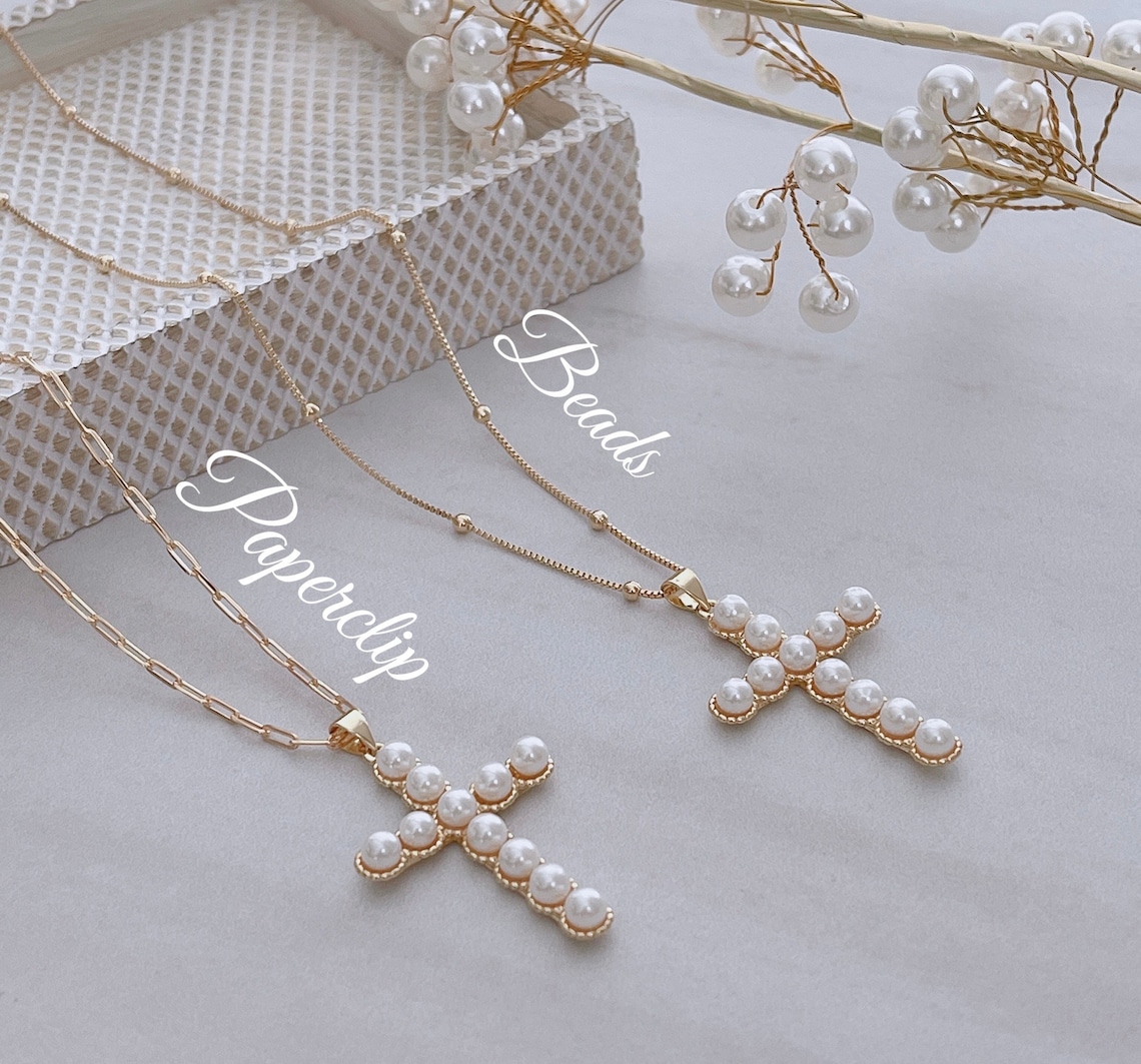 Cross Necklace Cross Pearl Necklace Pearl Necklace 18k Gold | Etsy