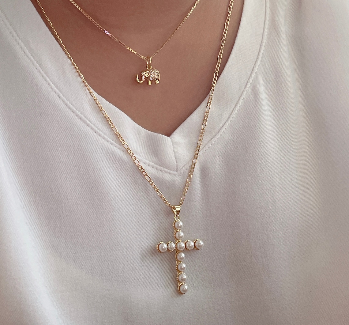 Cross Necklace Cross Pearl Necklace Pearl Necklace 18k Gold | Etsy