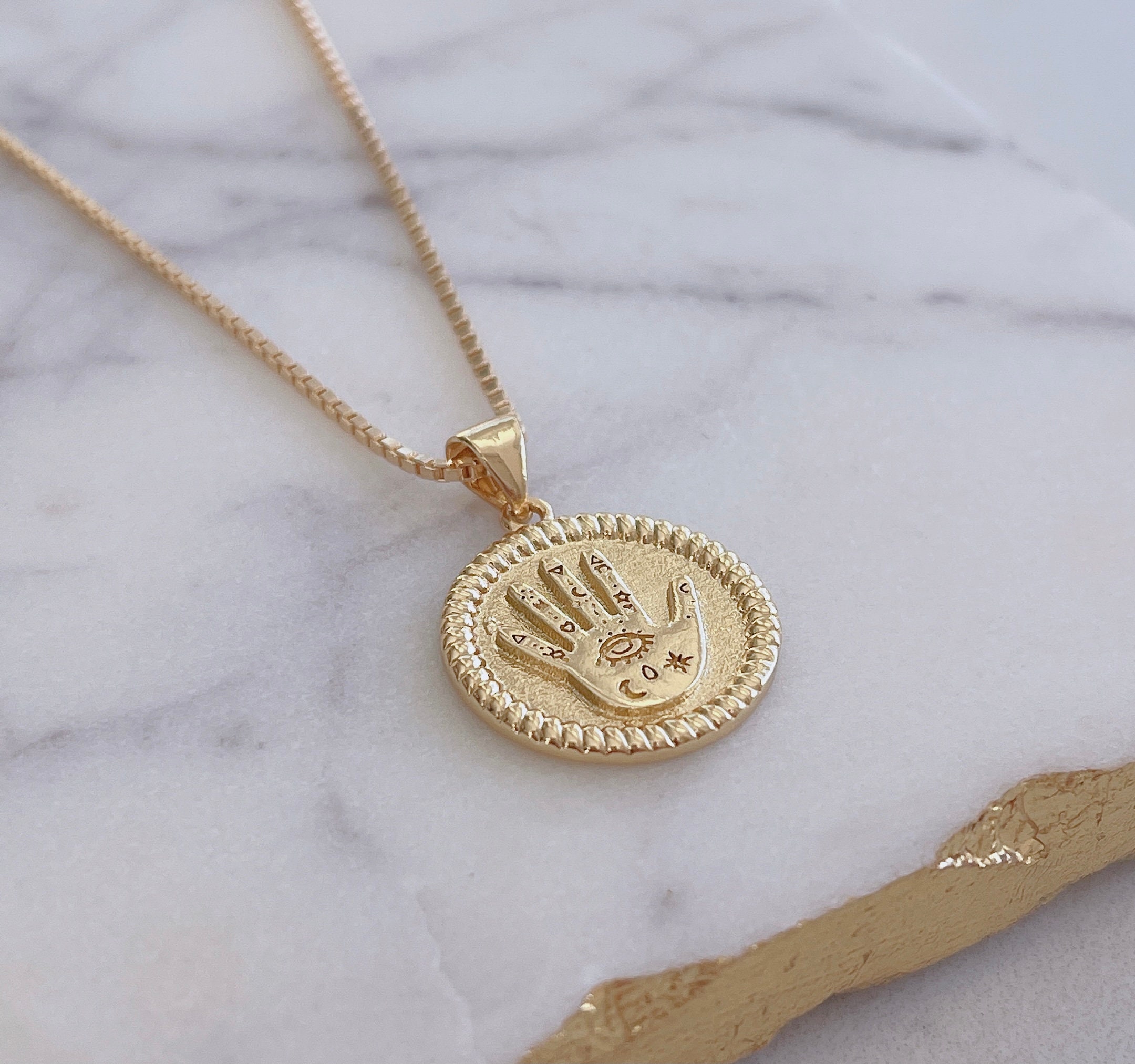 Hamsa Hand Coin Necklace, Evil Eye Necklace, Protection Necklace, Gold ...