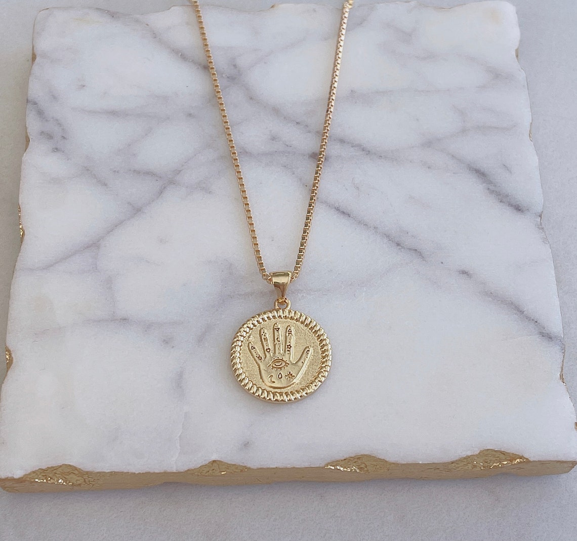 Hamsa Hand Coin Necklace, Evil Eye Necklace, Protection Necklace, Gold ...