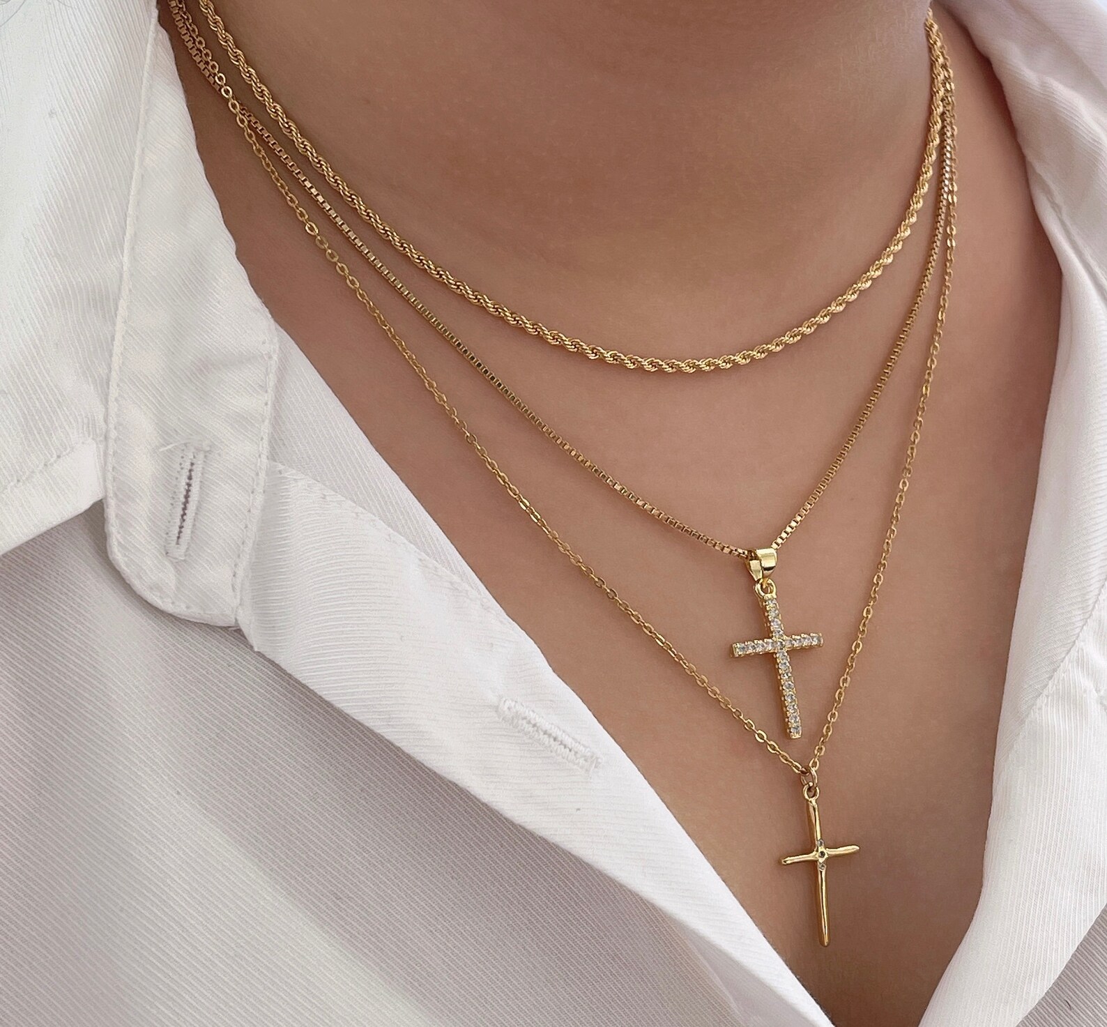 18k Gold Filled Cross Necklace, Dainty Set Cross Necklace, Minimalist ...