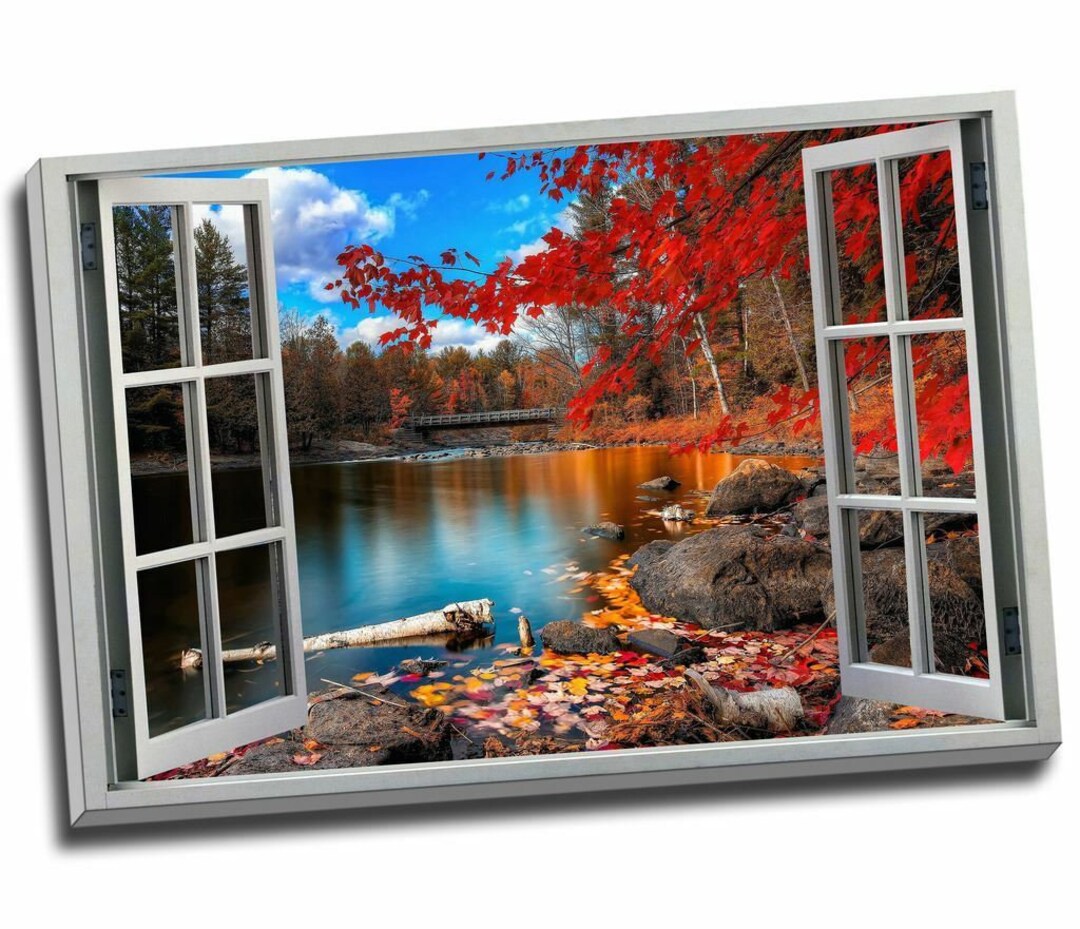 Red Autumn Forest River Art 3d Window Effect Canvas Print Large 30x20 ...