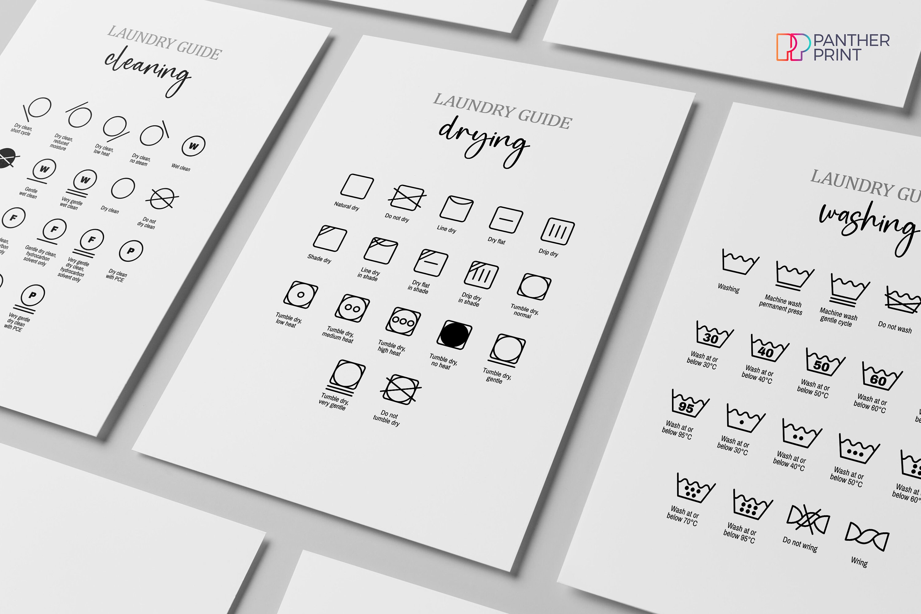 Ensemble de 3 affiches murales avec symboles de lessive et instructions ...