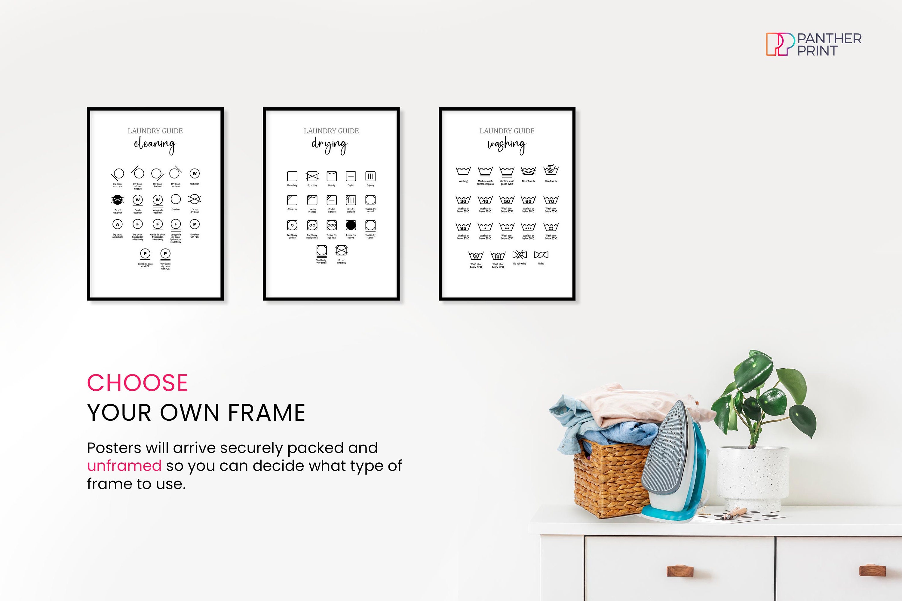 Ensemble de 3 affiches murales avec symboles de lessive et instructions ...