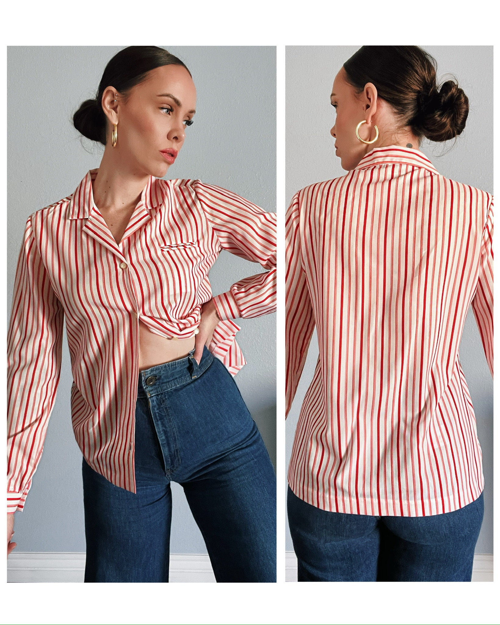 Vintage 1970s pykettes Red & White Striped Blouse - Etsy