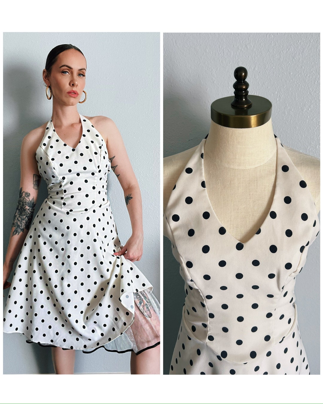 Retro Y2K “B. Darlin” Black & White Polka Dot Halter Dress With Tulle ...