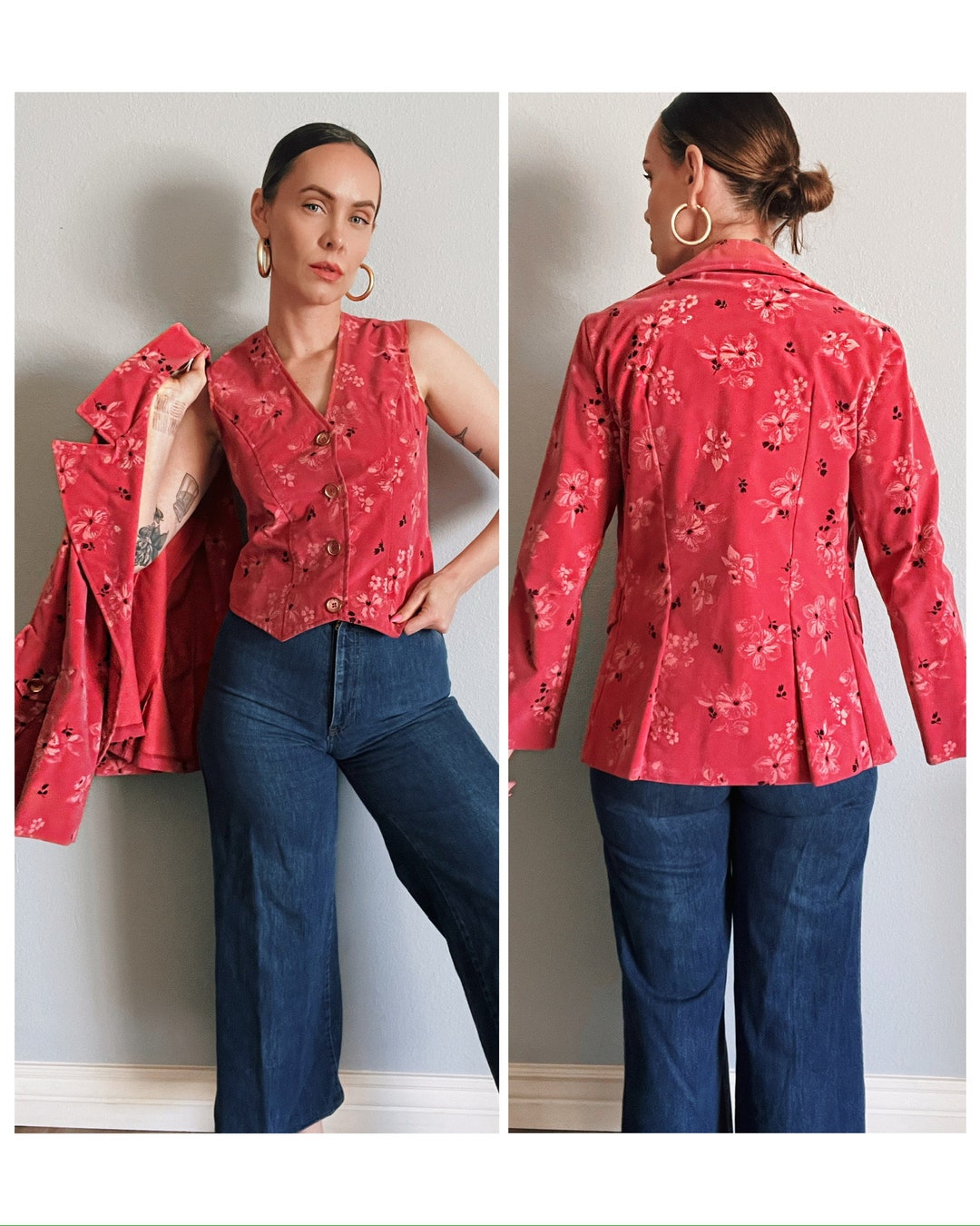 Vintage 1960s “kmart” Floral Velvet Dusty Rose Vest & Jacket Set - Etsy