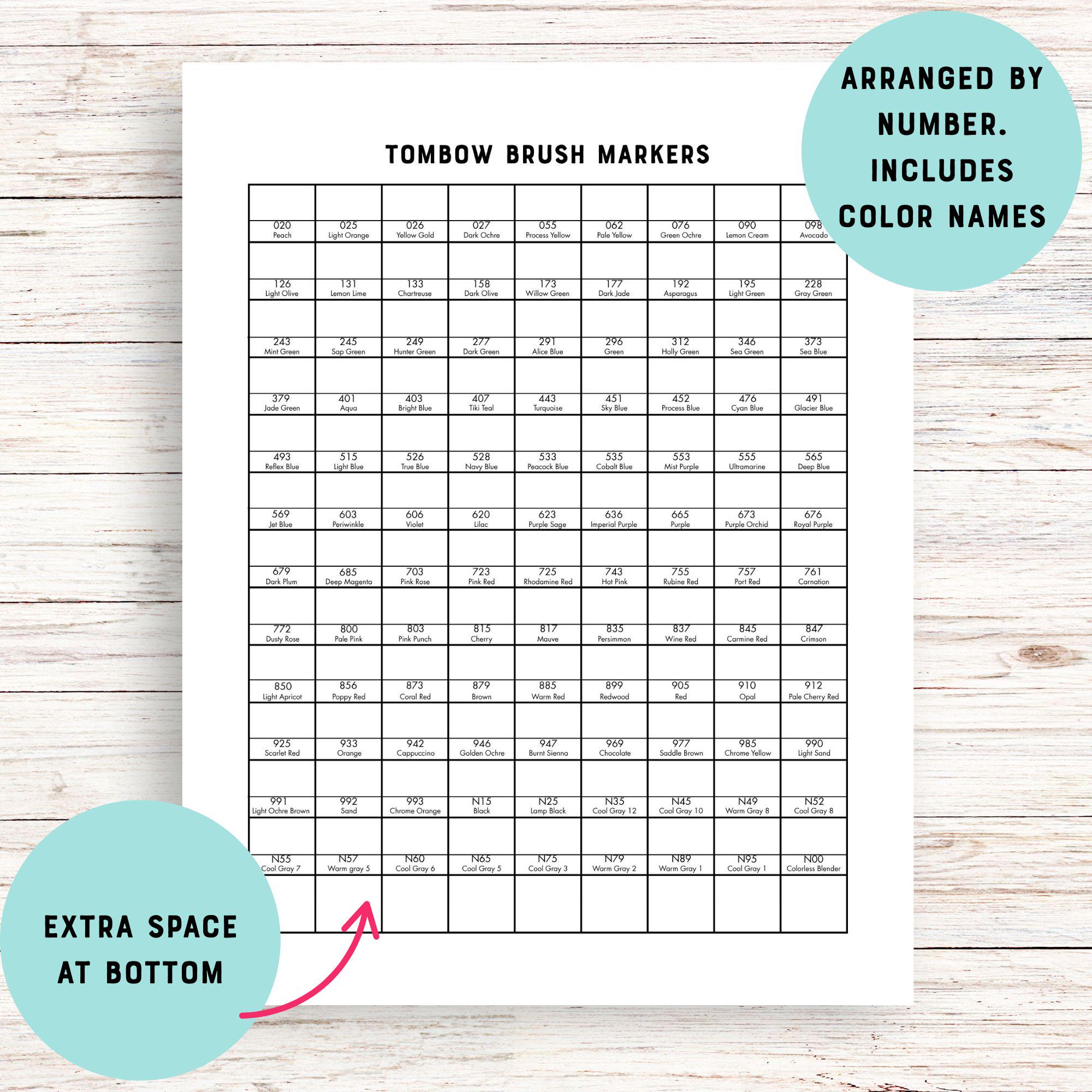 Printable Tombow Marker Swatch Chart, 108 Dual Brush Marker Color ...