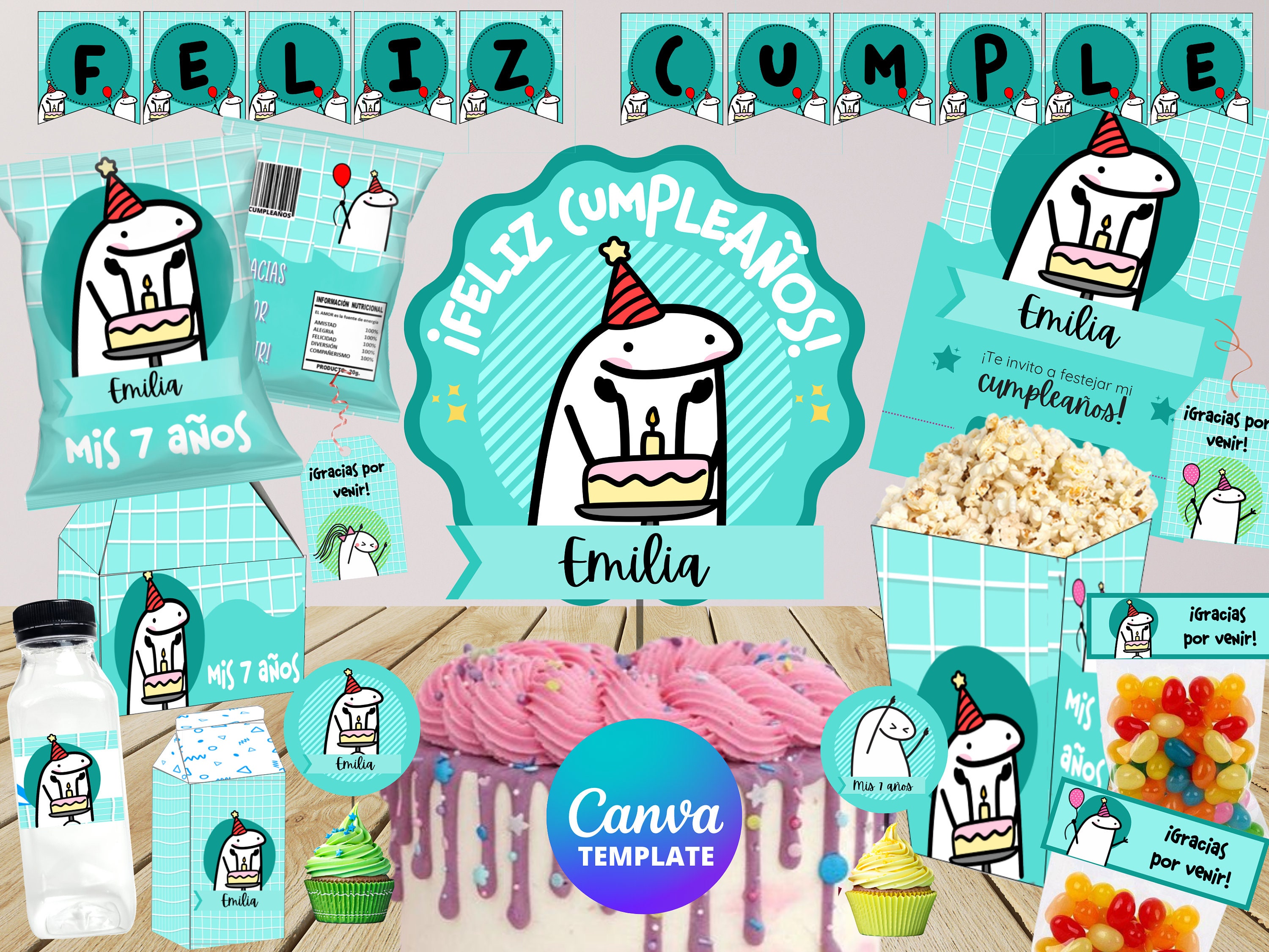 Kit De Fiesta Imprimible Editable Flork Azul Invitacion Cake - Etsy Finland
