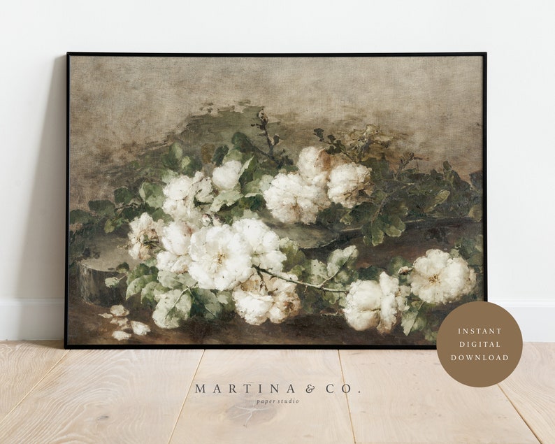 White Roses Vintage Painting Digital PRINTABLE Wall Art - Etsy