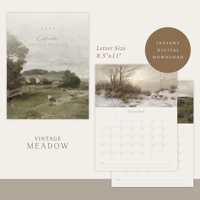 2026 Printable Wall Calendar | Digital Download | 8.5x11 Letter | Vintage Meadow - Etsy