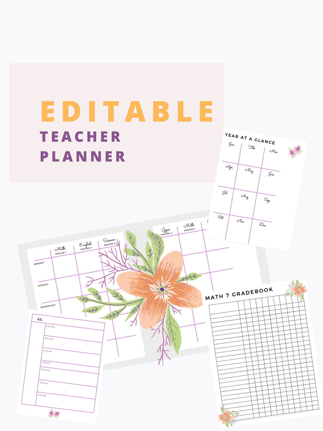 Customizable Teacher Planner, Downloadable, Personal Teacher Planner ...