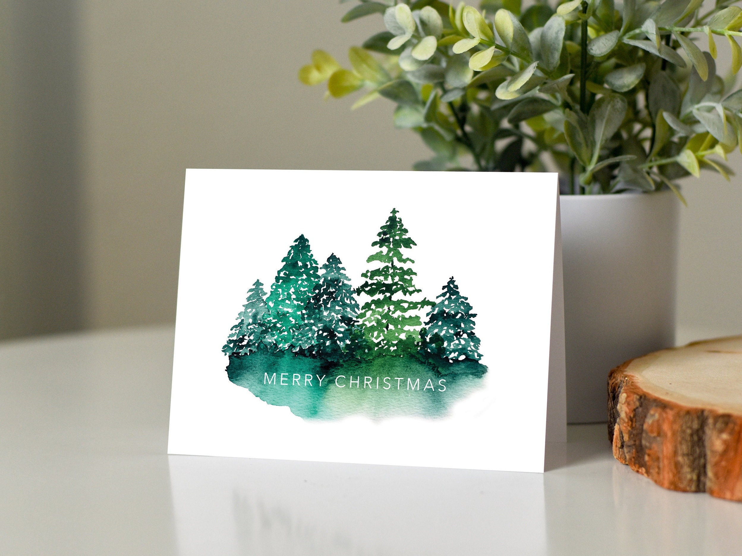 Printable Cards Evergreen Trees Christmas Card Watercolor | Etsy