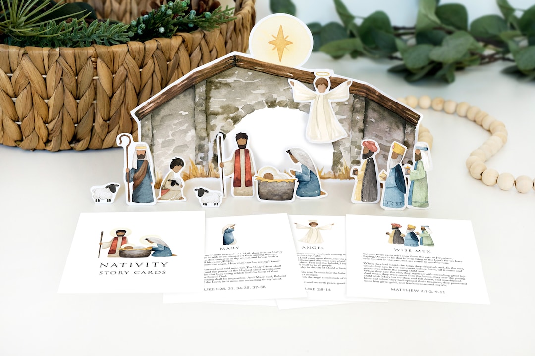 Paper Nativity Set With Scripture Story Cards | Printable Nativity Set ...