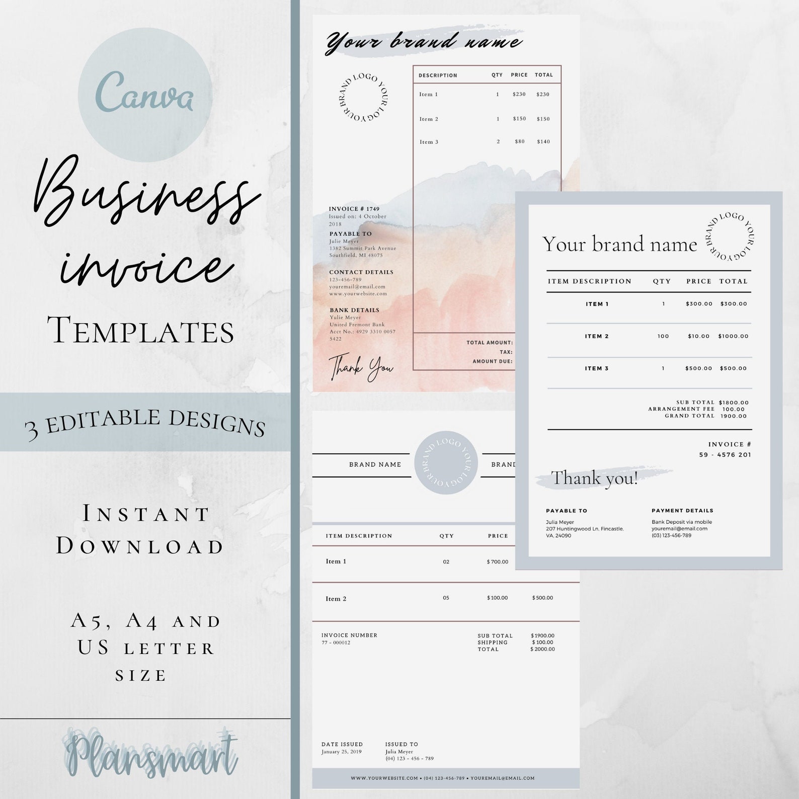 Business invoice Canva editable templates printable invoice | Etsy