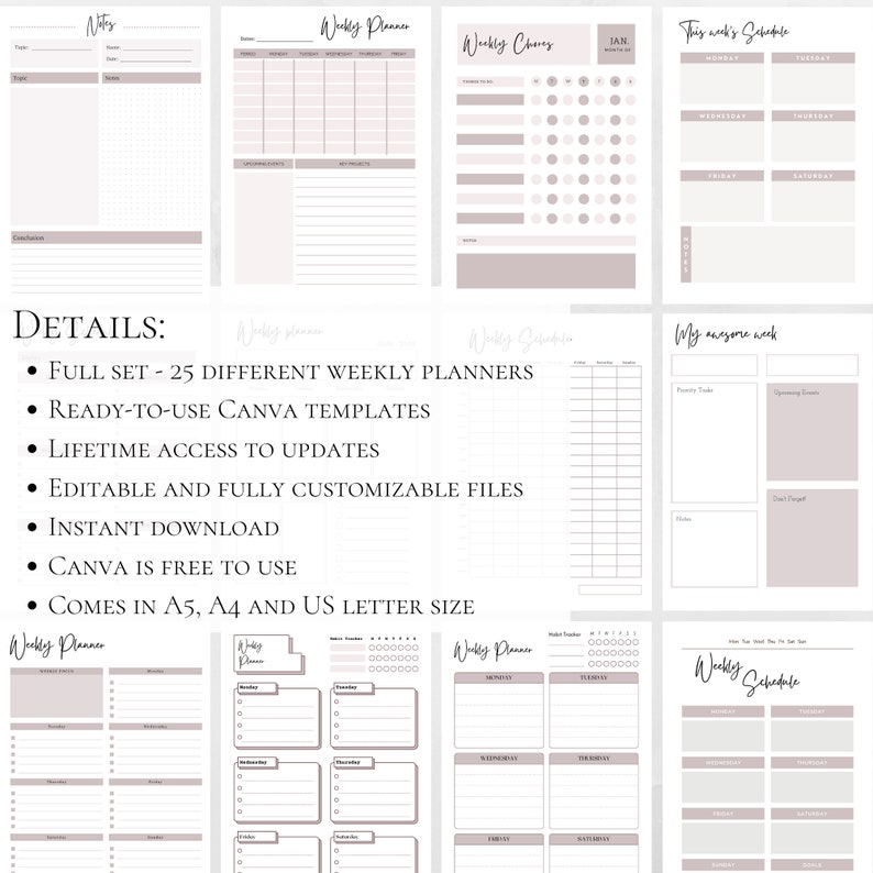 Printable Weekly Planner Templates Canva Customizable Planner - Etsy