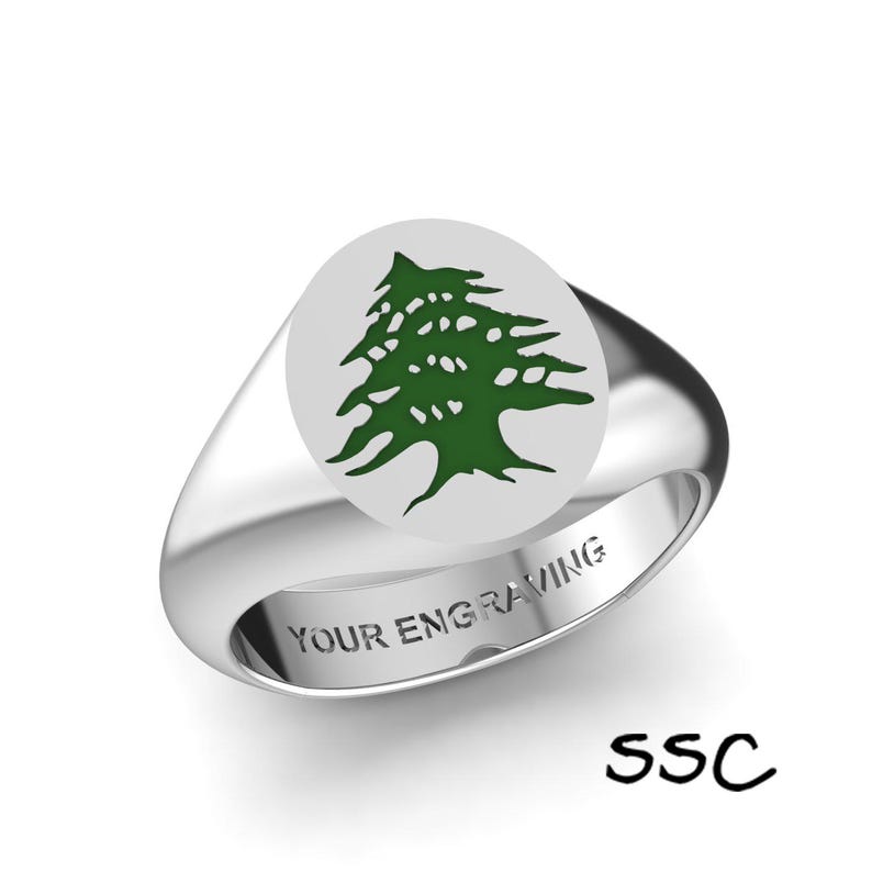 Sterling Silver Lebanese Cedar Tree Signet Ring, Custom Enamel, Free ...
