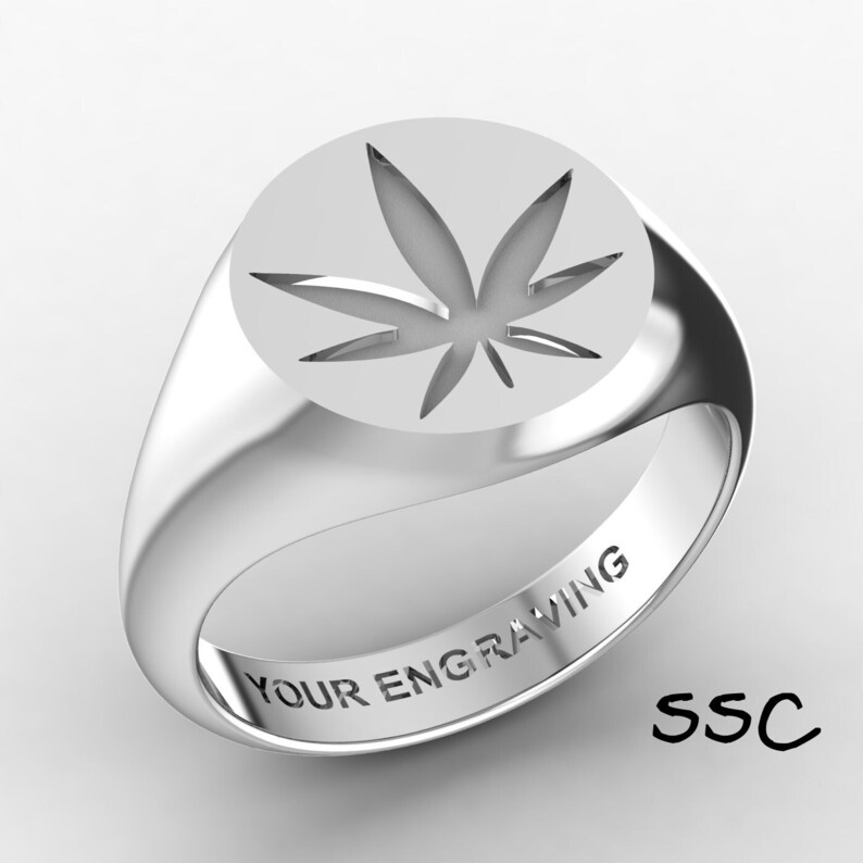 Sterling Silver Marijuana Leaf Signet Ring, Custom Enamel, Free ...