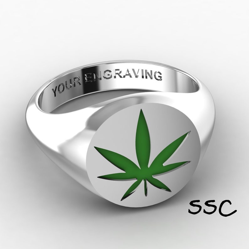 Sterling Silver Marijuana Leaf Signet Ring, Custom Enamel, Free ...