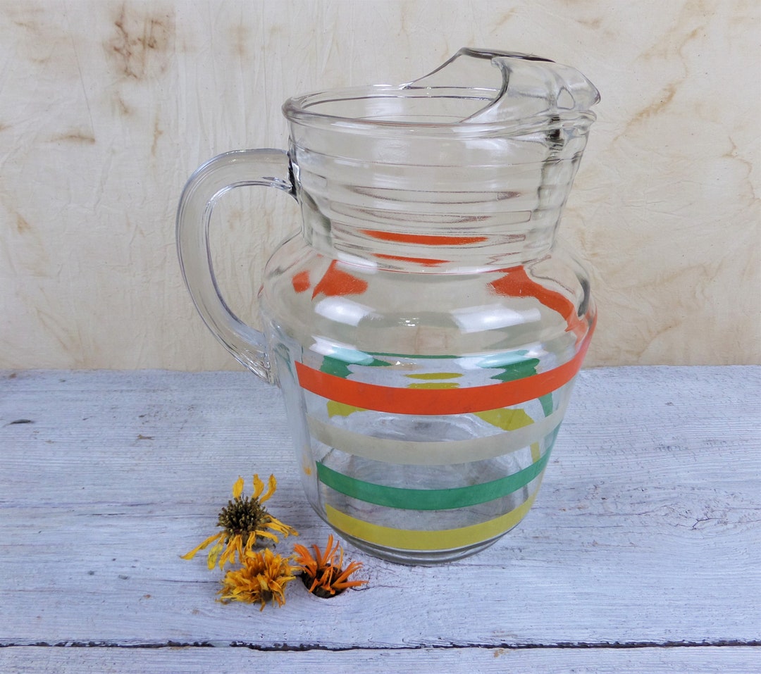 Vintage Fiesta Striped Glass Pitcher Anchor Hocking Art Deco Clear With ...