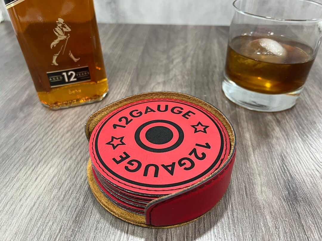 12G Shotgun Shell Engraved 4inch Leatherette Round Coaster, Set of 6 ...