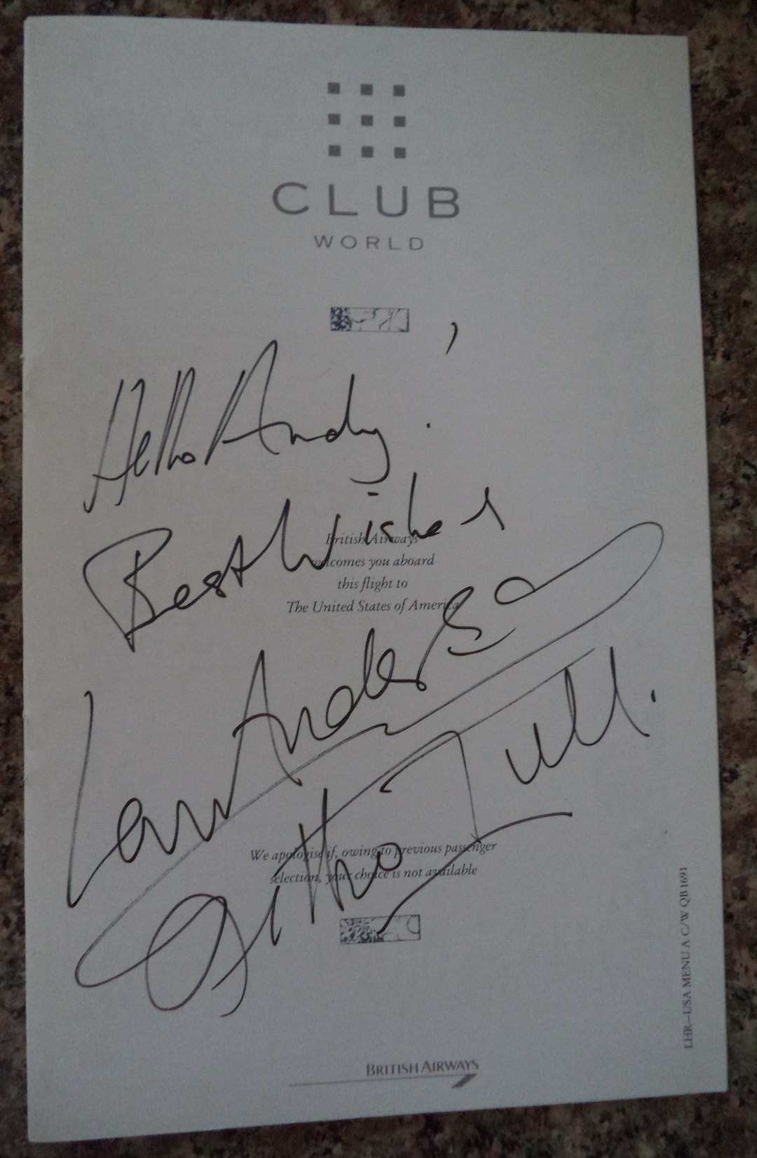 IAN ANDERSON Autograph, Hand Signed on Flight Menu - Jethro Tull - Etsy