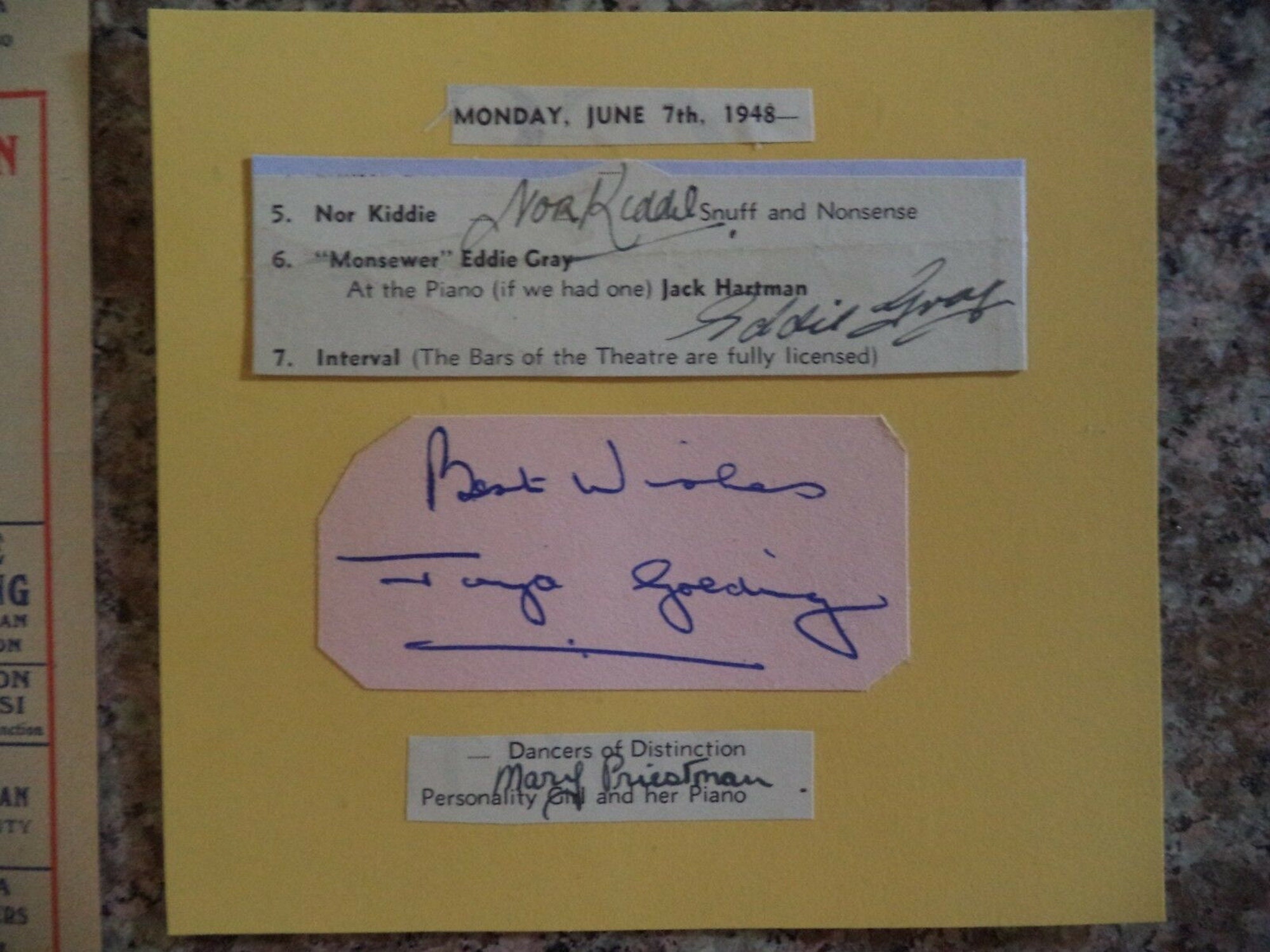 1948 FLYER for a Stage Show Plus the Autographs of Acts ARTHUR ASKEY ...