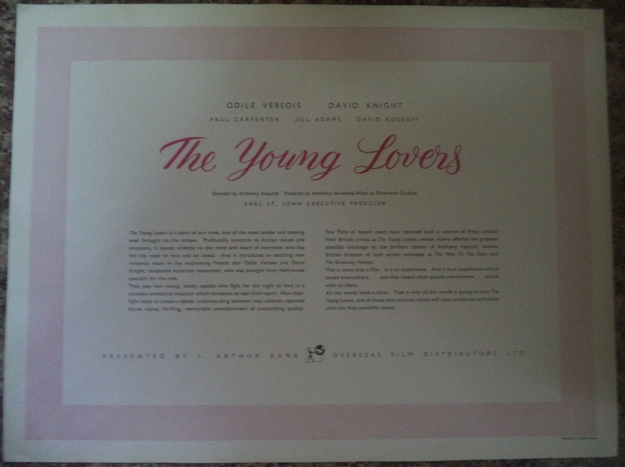 THE YOUNG LOVERS (1954) Small Poster/synopsis Angelo Cesselon/eric ...