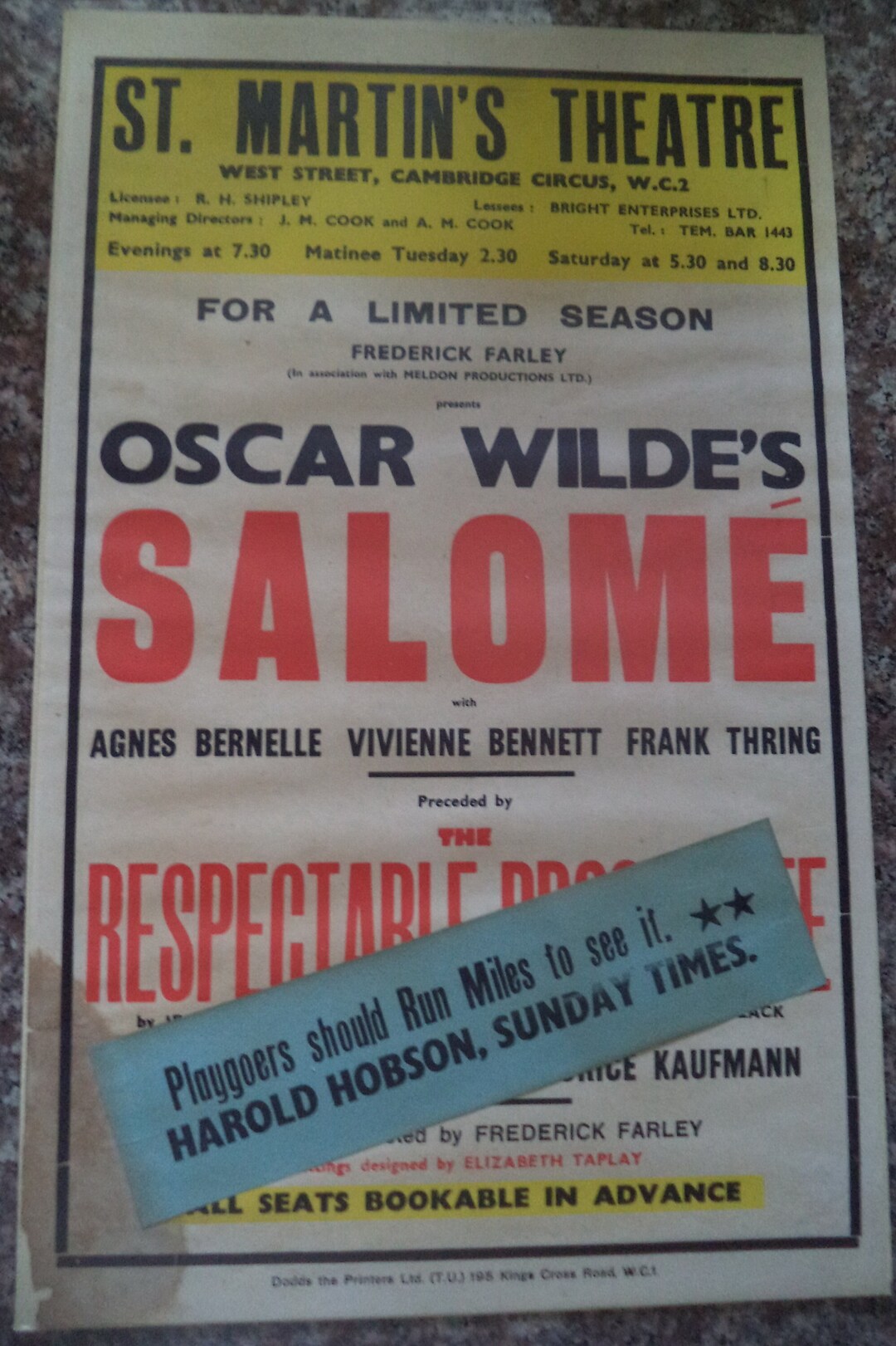 SALOME Original 1954 Theatre Poster OSCAR WILDE Frank Thring, Agnes ...