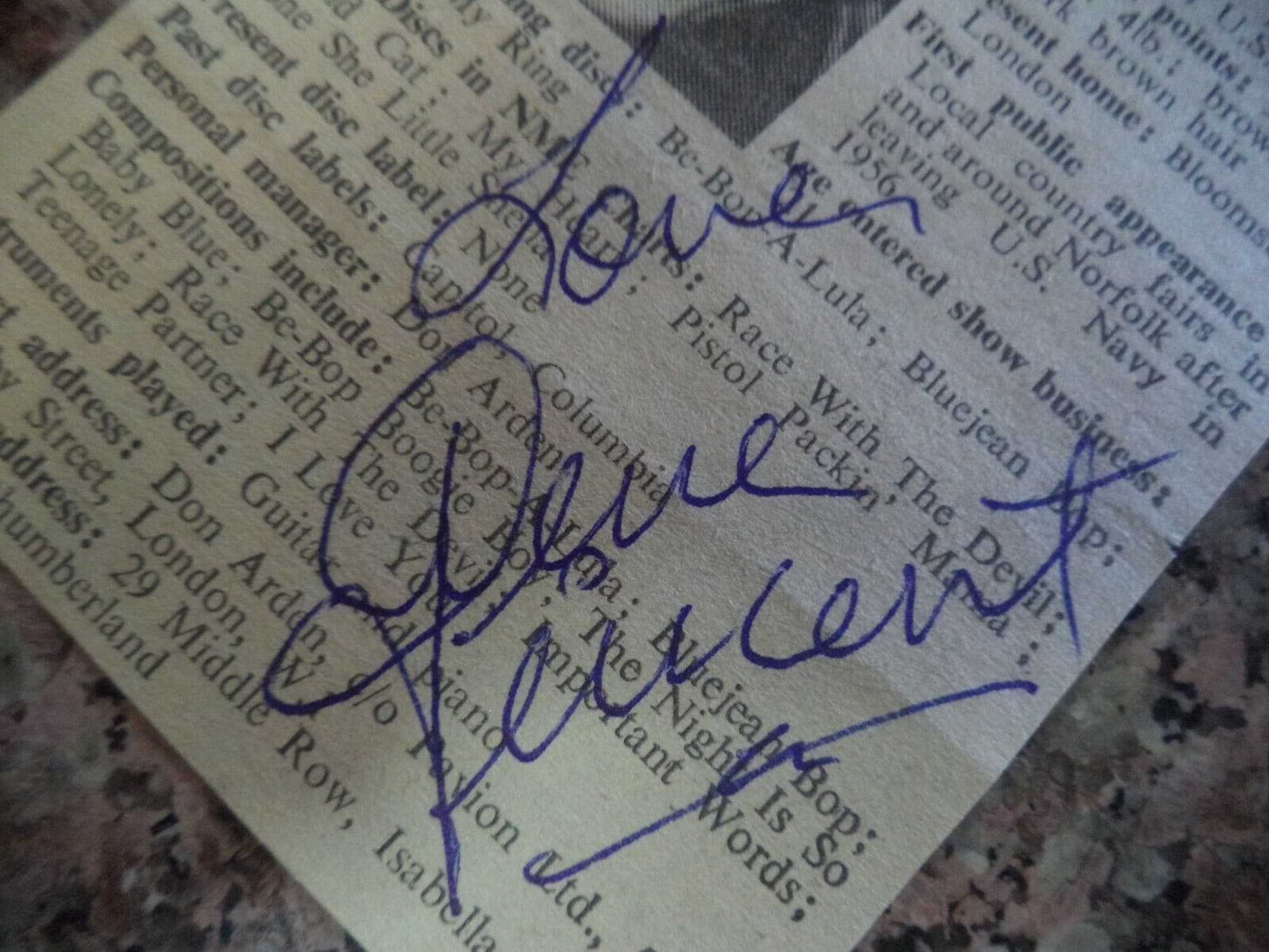 GENE VINCENT (1935 – 1971) Autograph, Hand Signed on a Vintage 1960s ...