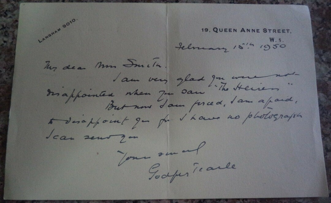 GODFREY TEARLE (1884 – 1953) Autograph, Hand Signed Letter Dated 1950 ...