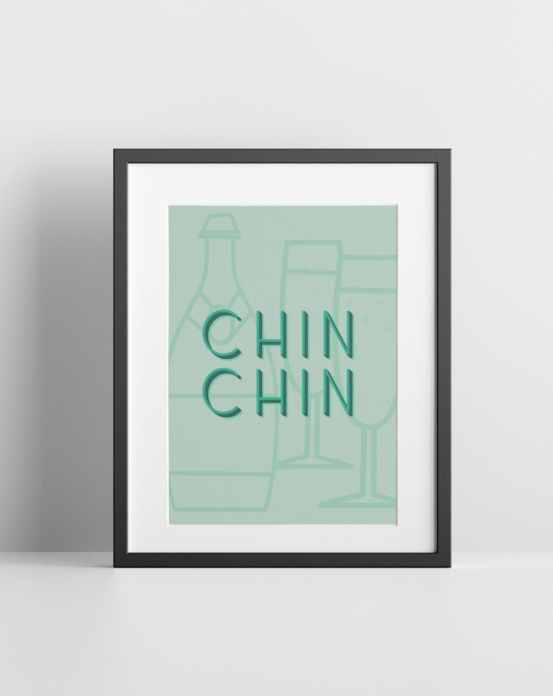 Chin Chin Typography Print | Champagne Bar | Colourful Green Print | A4 ...