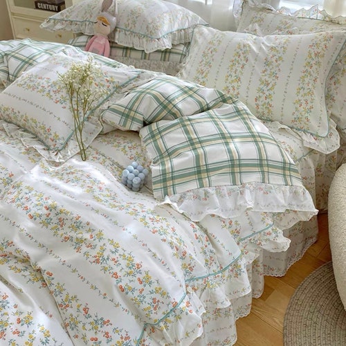Light Green Checkers Ruffles Floral Duvet Cover Set Fresh - Etsy