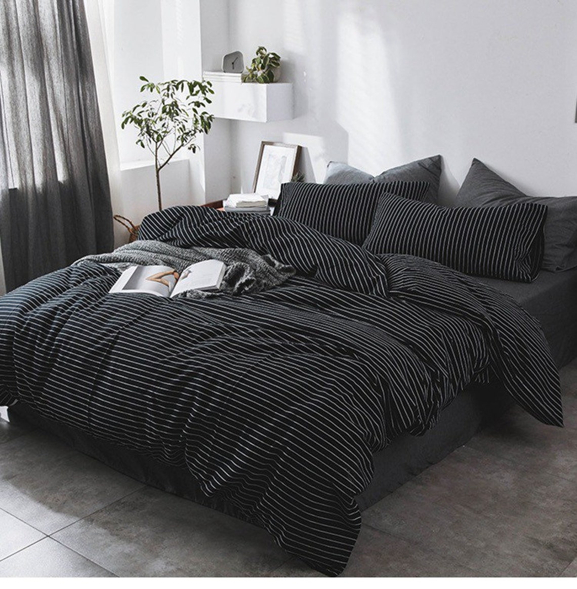 Black Duvet Cover Set Stripes Bedding Set Minimalist Duvet | Etsy