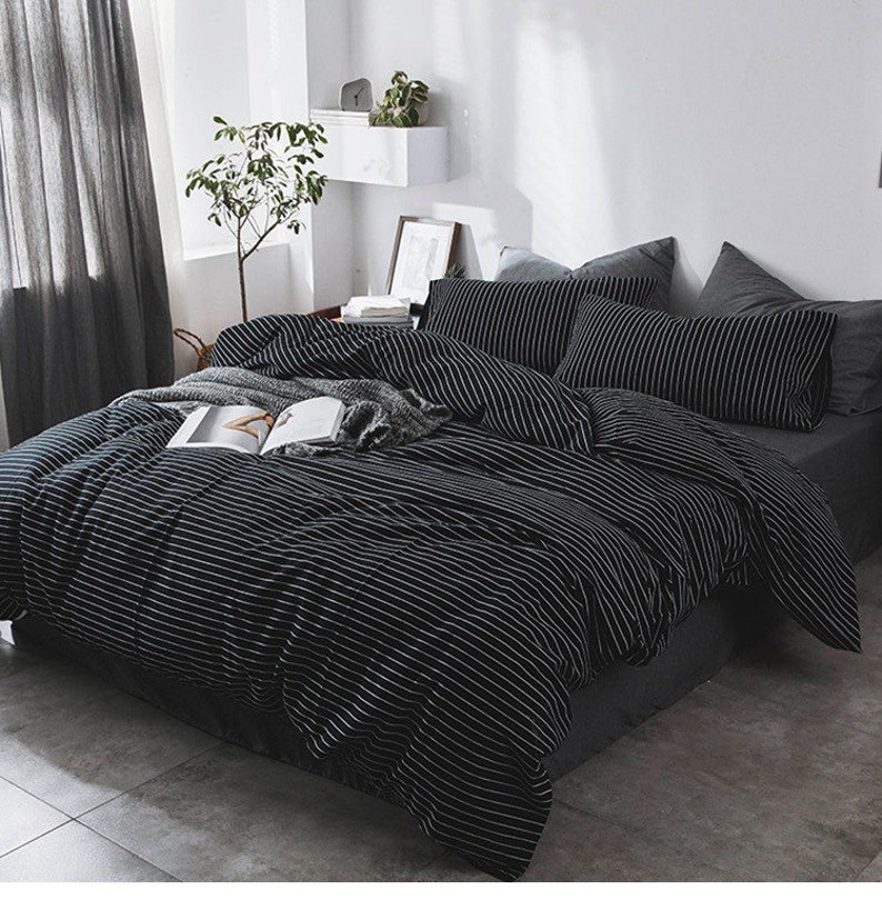 Black Duvet Cover Set Stripes Bedding Set Minimalist Duvet | Etsy