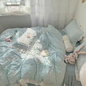 Cotton Duvet Cover Blue Ruffle Set Girlish Bedding Set Dorm Bedding ...