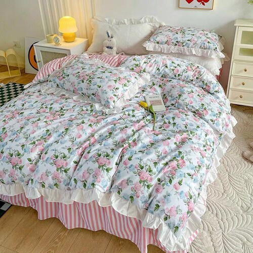 Light Green Checkers Ruffles Floral Duvet Cover Set Fresh - Etsy