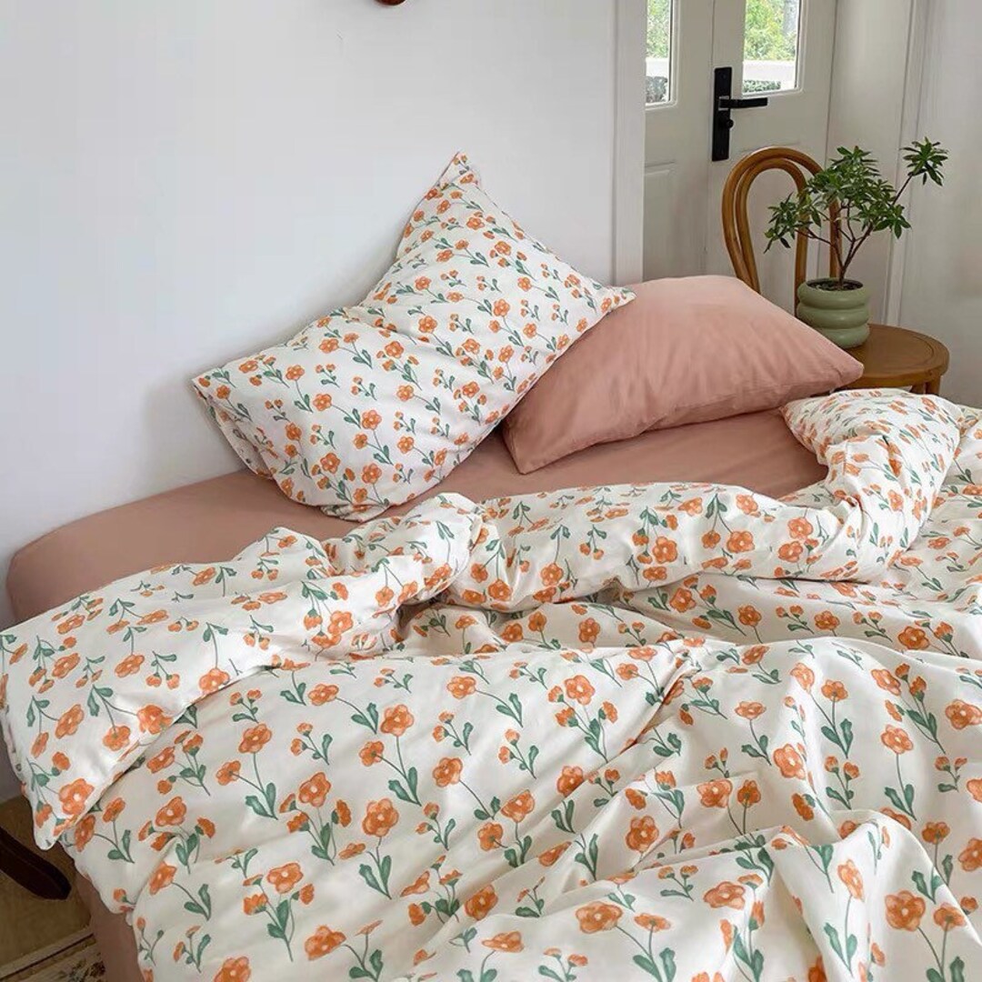 Orange Floral Duvet Cover Set Minimalist Bedding Set Cute Bedding Duvet ...
