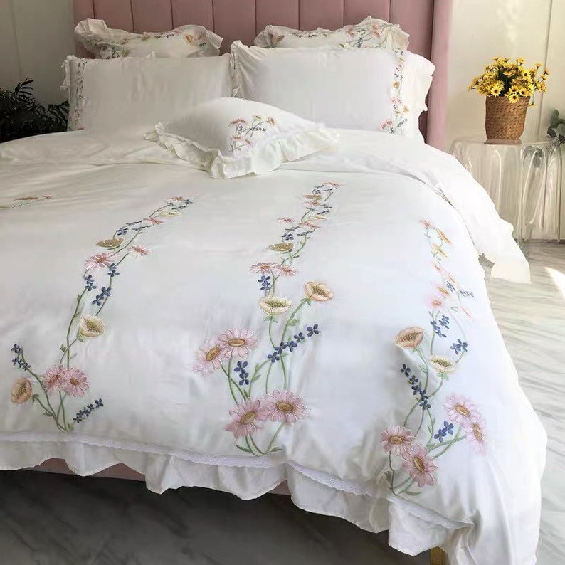 Floral Bedskirt Cotton Duvet Cover Set Fresh Floral Bedding - Etsy