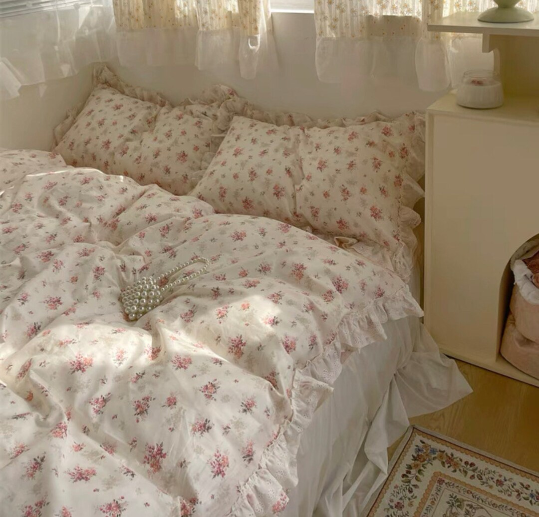 Pink Duvet Cover Set, Floral Bedding Ruffle, Full Queen Bed Set ...
