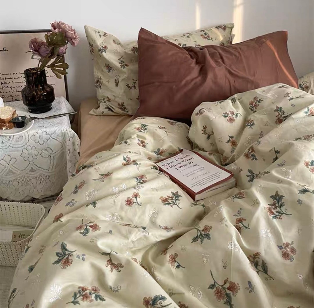 Cottagecore Floral Duvet Cover Set Cotton Duvet Bedding Set Dorm Retro ...